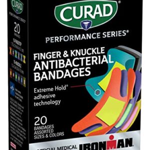 Curad Performance Series Ironman Fingertip and Knuckle Antibacterial Bandages, Extreme Hold Adhesive Technology, Fabric Bandages, 20 Count