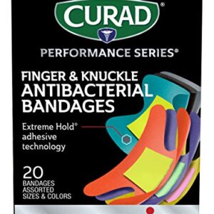 Curad Performance Series Ironman Fingertip and Knuckle Antibacterial Bandages, Extreme Hold Adhesive Technology, Fabric Bandages, 20 Count