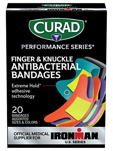 Curad Performance Series Ironman Fingertip and Knuckle Antibacterial Bandages, Extreme Hold Adhesive Technology, Fabric Bandages, 20 Count