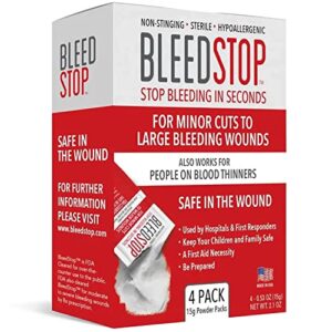 bleedstop™ first aid powder for blood clotting, trauma kit, blood thinner patients, camping safety, and survival equipment for moderate to severe bleeding wounds or nosebleeds – 4 (15g) pouches