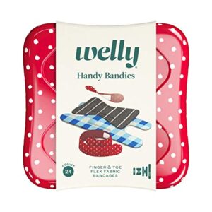 welly bandages – handy bandies | adhesive flexible fabric bravery badges | assorted shapes for minor cuts, scrapes, and wounds | colorful and fun first aid tin for fingers and toes – 24 count