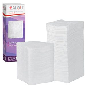 healqu gauze pads, 2″x2″ pack of 200, 8 ply – non-sterile woven surgical sponges for wound dressing, debridement, cleaning, prepping – medical gauze sponges,