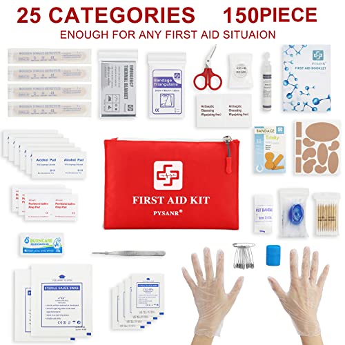 First Aid Kit, PYSANR 150 Piece Small First Aid Kits with Foil Blanket, Scissors First Aid Bag for Emergency, Home, Camping, Travel, Sports, Office, Outdoor, Car, School