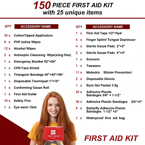 First Aid Kit, PYSANR 150 Piece Small First Aid Kits with Foil Blanket, Scissors First Aid Bag for Emergency, Home, Camping, Travel, Sports, Office, Outdoor, Car, School