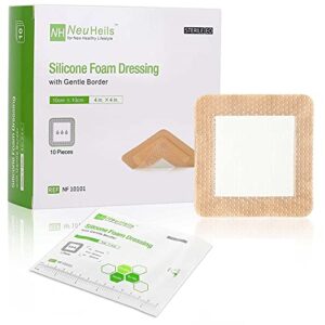 silicone adhesive foam dressing with gentle border 4”x4” for bed sore leg ulcer 10 pack, high absorbency waterproof silicone wound bandage for foot diabetic ulcer