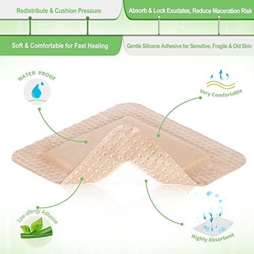 Silicone Adhesive Foam Dressing with Gentle Border 4''x4'' for Bed Sore Leg Ulcer 10 Pack, High Absorbency Waterproof Silicone Wound Bandage for Foot Diabetic Ulcer