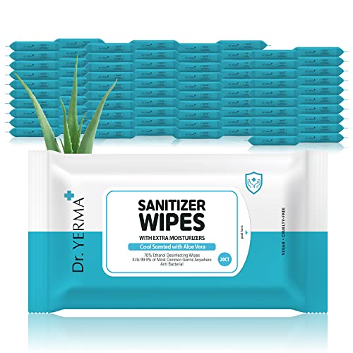 Dr. YERMA Hand Wipes with Aloe Vera & Extra Moisturizers, 80 Packs of 20 (1600 wipes), Travel Size, Vegan Cool Scented, 80 Packs