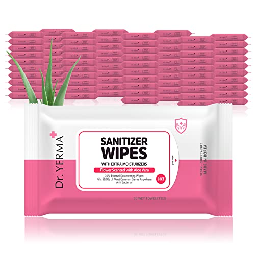 Dr. YERMA Hand Wipes with Aloe Vera & Extra Moisturizers, 80 Packs of 20 (1600 wipes), Travel Size, Vegan Flower Scented, 80 Packs