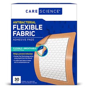 care science antibacterial fabric adhesive pad bandages, 3×4 inches extra large flexible non-stick strip, helps prevent infection, breathable protection, for first aid & wound care, 30 count