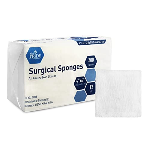 Medpride Gauze Surgical Sponge | 4”x 4”| 12-ply Extra Absorbent Sponges| Value Pack of 200| All-Gauze, Non-Sterile| Great for Wound Dressing, Prepping, Scrubbing & Cleaning| Essential First-Aid