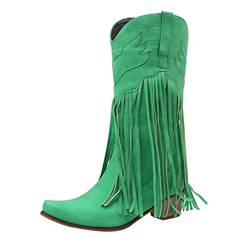 Comfortable Pull On Chunky Heel Pointed Toe Fringed Boots Western Knee High Boots Mid Boots Chunky High Heel Green