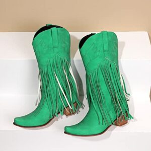 Comfortable Pull On Chunky Heel Pointed Toe Fringed Boots Western Knee High Boots Mid Boots Chunky High Heel Green