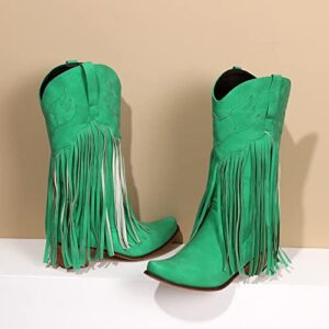 Comfortable Pull On Chunky Heel Pointed Toe Fringed Boots Western Knee High Boots Mid Boots Chunky High Heel Green