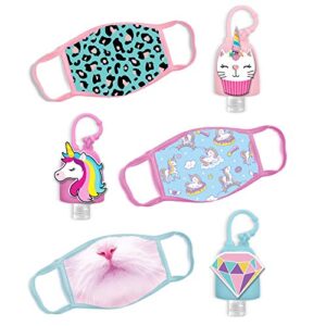 abg accessories girls 3-pack kids face mask and hand sanitizer holder keychain (flip cap reusable empty bottles) age3-7, unicorn design, 6 piece set