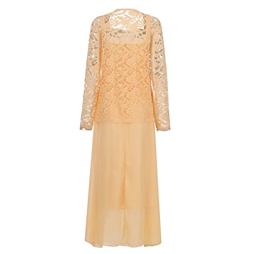 Fall Dresses for Women,Petite Maxi Dress Winter Dresses for Women 2023 Cotton Dress Solid Two Piece Lace Cardigan Chiffon Party Wedding Long Dress Plus Size White Dress for Women(Gold-3,4X-Large)