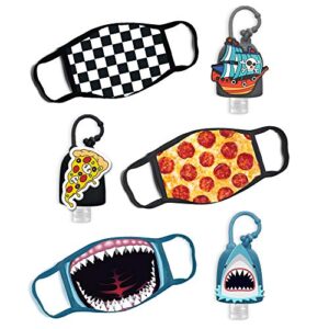 abg accessories boys 3-pack kids face mask and hand sanitizer holder keychain (flip cap reusable empty bottles) age 3-7, shark design, 3 count (pack of 1)