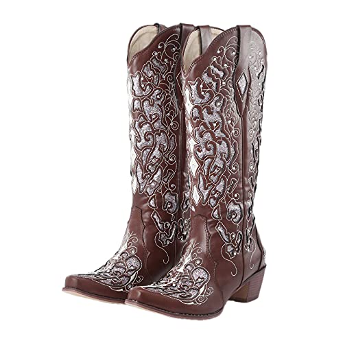 Guldnds Rhinestone for Women Western Cowboy Boots Low Heel Embroidered Knee Chunky High Studded Women's Woman Knee High Boots