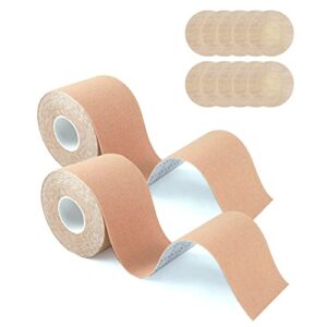 stpro boobtape boobytape for breast lift -achieve chest brace lift-waterproof sweat-proof bob tape-2in x16.4ft x2pcs and 5 pairs nipple (beige, 2roll)