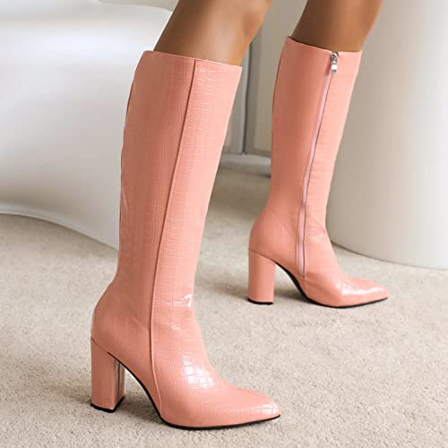 Guldnds Ladies Autumn and Winter Fashion Handsome Solid Color Stone Pattern Square Womens Mid Calf Boots with Buckles