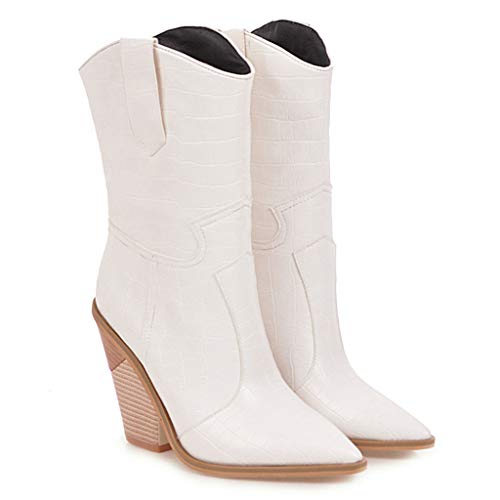 Guldnds Fashion Women PU Leather Autumn Square Heels Zipper Round Toe Mid Boots Shoes Tall Boots for Women Wide Calf Dressy