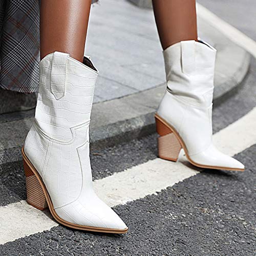 Guldnds Fashion Women PU Leather Autumn Square Heels Zipper Round Toe Mid Boots Shoes Tall Boots for Women Wide Calf Dressy