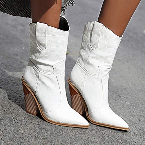 Guldnds Fashion Women PU Leather Autumn Square Heels Zipper Round Toe Mid Boots Shoes Tall Boots for Women Wide Calf Dressy