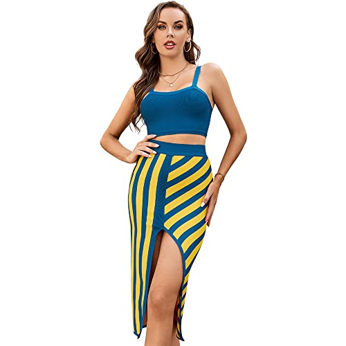 BEAUKEY Blue Bandage Top High Waist Bandage Skirt Two Pieces Set(L,Blue)