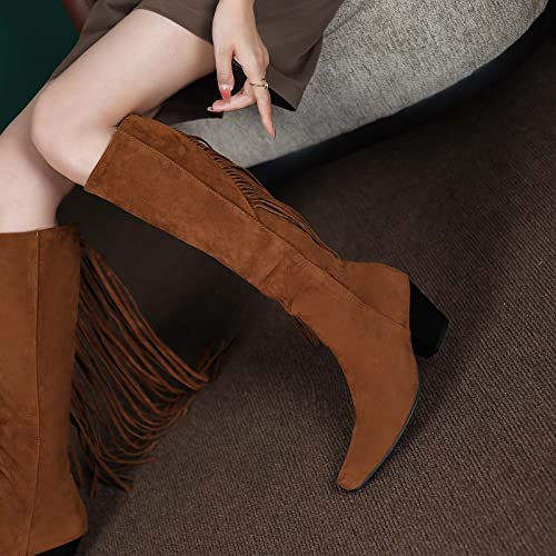 Ladies Simple Fashion Square Heel Square Toe Solid Color Back Fringe Retro Mid High Boots Furry Snow Boots