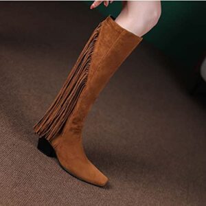 Ladies Simple Fashion Square Heel Square Toe Solid Color Back Fringe Retro Mid High Boots Furry Snow Boots