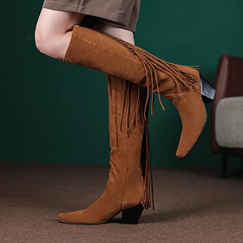 Ladies Simple Fashion Square Heel Square Toe Solid Color Back Fringe Retro Mid High Boots Furry Snow Boots