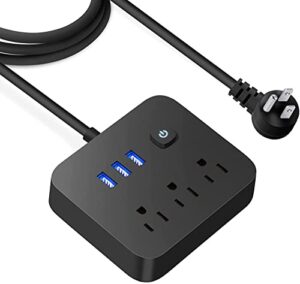 power strip surge protector usb ports, 3 outlets ports desktop charging station, flat plug, wall mount,4ft braided extension cord,with night light station for cruise ship,home,office, black