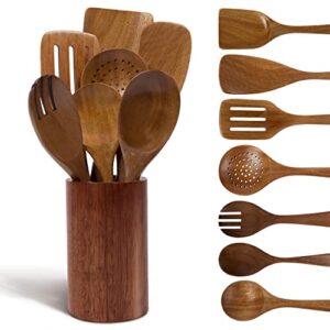 wooden spoons for cooking-kitchen utensils set with holder-nice-nook 8pcs wooden utensils for cooking made with acacia wood-cooking utensils set non-stick with comfortable soft grip-great house gifts.