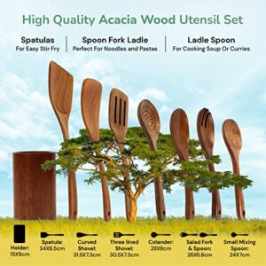 Wooden Spoons for Cooking-Kitchen utensils set with holder-Nice-nook 8PCS Wooden Utensils for Cooking made with Acacia wood-Cooking Utensils Set non-stick with comfortable soft grip-Great House gifts.