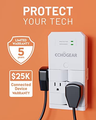 ECHOGEAR On-Wall Surge Protector with 6 Pivoting AC Outlets & 1080 Joules of Surge Protection - Low Profile Design Installs Over Existing Outlets to Protect Your Gear (White)