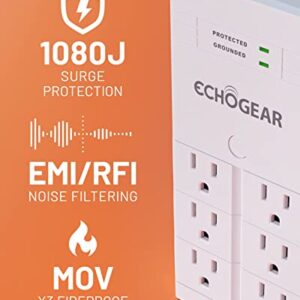 ECHOGEAR On-Wall Surge Protector with 6 Pivoting AC Outlets & 1080 Joules of Surge Protection - Low Profile Design Installs Over Existing Outlets to Protect Your Gear (White)