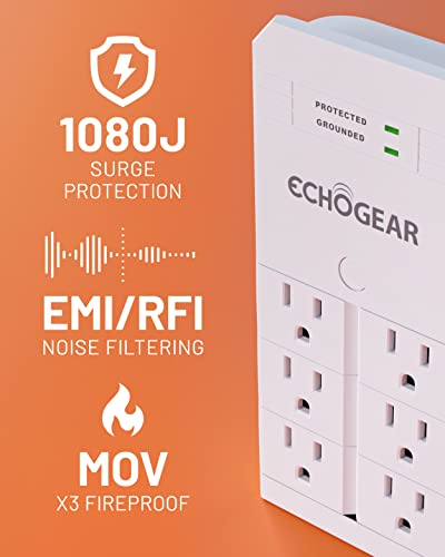 ECHOGEAR On-Wall Surge Protector with 6 Pivoting AC Outlets & 1080 Joules of Surge Protection - Low Profile Design Installs Over Existing Outlets to Protect Your Gear (White)