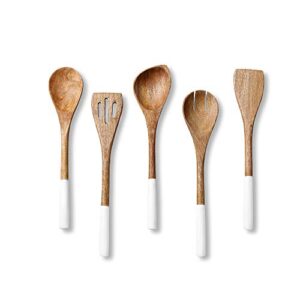 folkulture wooden spoons for cooking set for kitchen, non stick cookware tools or utensils includes wooden spoon, spatula, fork, slotted turner, corner spoon, set of 5, 12 inch, acacia wood, white