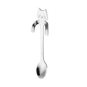 cat spoon coffee tea spoon,stainless steel hanging cup teaspoons demitasse mini long cute kitten stirring spoon for dessert drink mixing(silver)