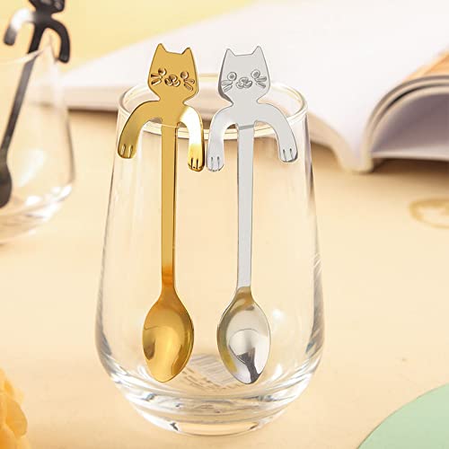 Cat Spoon Coffee Tea Spoon,Stainless Steel Hanging Cup Teaspoons Demitasse Mini Long Cute Kitten Stirring Spoon for Dessert Drink Mixing(Silver)