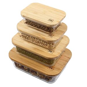 de plastic-free glass food storage containers with eco-friendly bamboo wooden lids, set of 4 pantry organization ideal for flour, sugar, coffee, teabags, pasta, candy, snack and various dried foods