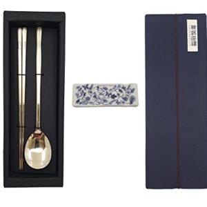 Korean Chopsticks Spoon 2 Set - METAL STAINLESS STEEL Titanium Plating -Printed Hangul Characters (Bamboo-Gold 1set)