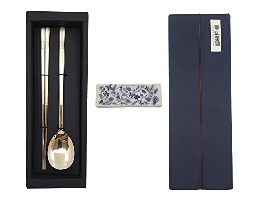 Korean Chopsticks Spoon 2 Set - METAL STAINLESS STEEL Titanium Plating -Printed Hangul Characters (Bamboo-Gold 1set)