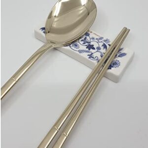 Korean Chopsticks Spoon 2 Set - METAL STAINLESS STEEL Titanium Plating -Printed Hangul Characters (Bamboo-Gold 1set)