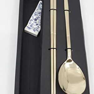 Korean Chopsticks Spoon 2 Set - METAL STAINLESS STEEL Titanium Plating -Printed Hangul Characters (Bamboo-Gold 1set)