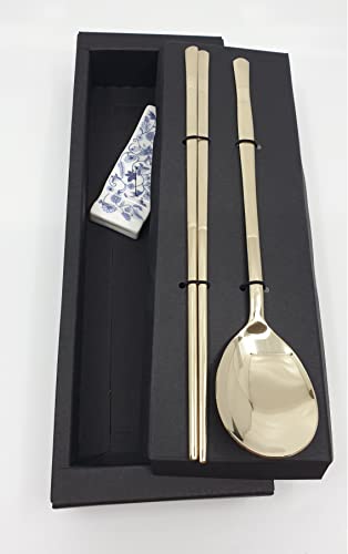 Korean Chopsticks Spoon 2 Set - METAL STAINLESS STEEL Titanium Plating -Printed Hangul Characters (Bamboo-Gold 1set)