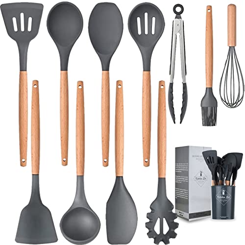 Silicone Cooking Utensils Kitchen Utensil Set, 12 PCS Wooden Handle Nontoxic BPA Free Silicone Spoon Spatula Turner Tongs Kitchen Gadgets Utensil Set for Nonstick Cookware with Holder