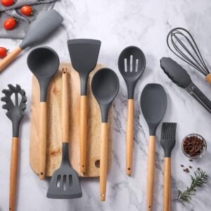 Silicone Cooking Utensils Kitchen Utensil Set, 12 PCS Wooden Handle Nontoxic BPA Free Silicone Spoon Spatula Turner Tongs Kitchen Gadgets Utensil Set for Nonstick Cookware with Holder