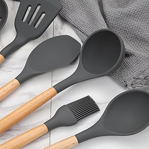 Silicone Cooking Utensils Kitchen Utensil Set, 12 PCS Wooden Handle Nontoxic BPA Free Silicone Spoon Spatula Turner Tongs Kitchen Gadgets Utensil Set for Nonstick Cookware with Holder