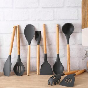 Silicone Cooking Utensils Kitchen Utensil Set, 12 PCS Wooden Handle Nontoxic BPA Free Silicone Spoon Spatula Turner Tongs Kitchen Gadgets Utensil Set for Nonstick Cookware with Holder