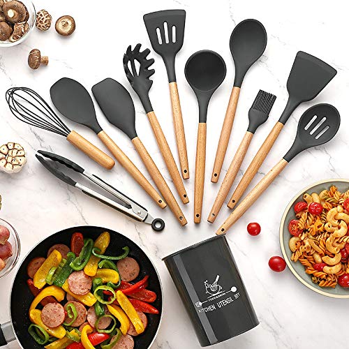 Silicone Cooking Utensils Kitchen Utensil Set, 12 PCS Wooden Handle Nontoxic BPA Free Silicone Spoon Spatula Turner Tongs Kitchen Gadgets Utensil Set for Nonstick Cookware with Holder